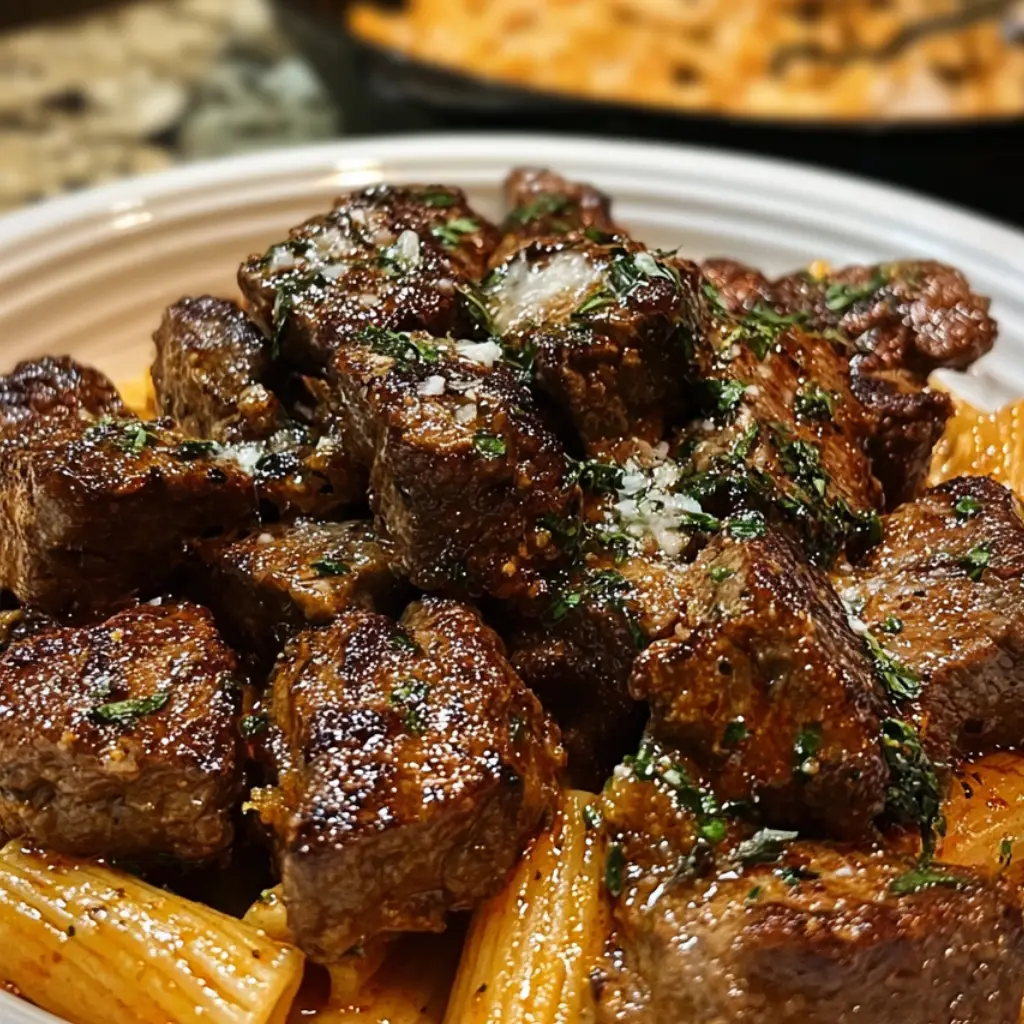 Cajun Steak Tips in Cheesy Rigatoni Parmesan Sauce